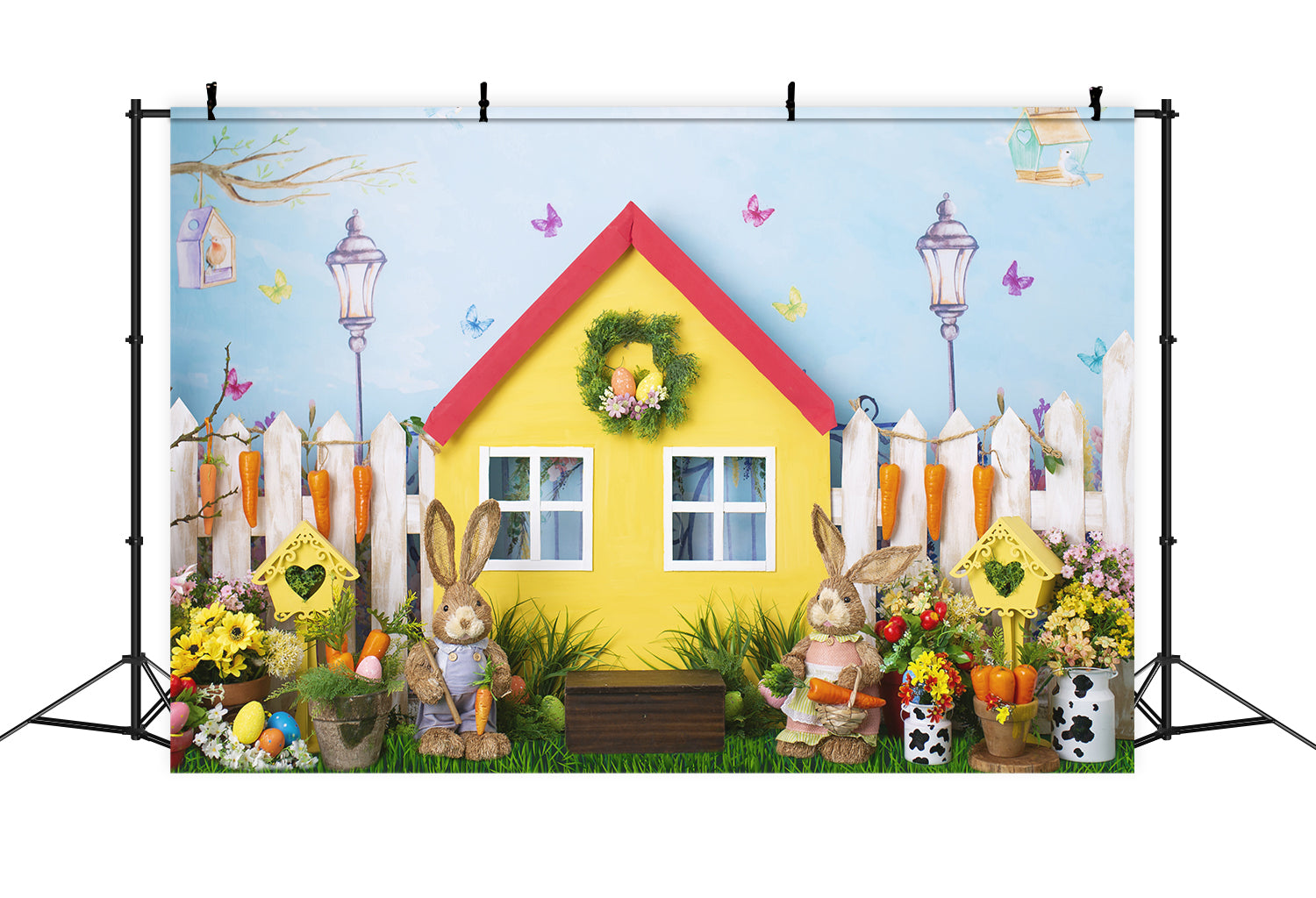 Cartoon Barn House Bunny Flowers Backdrop D1067 – Dbackdrop
