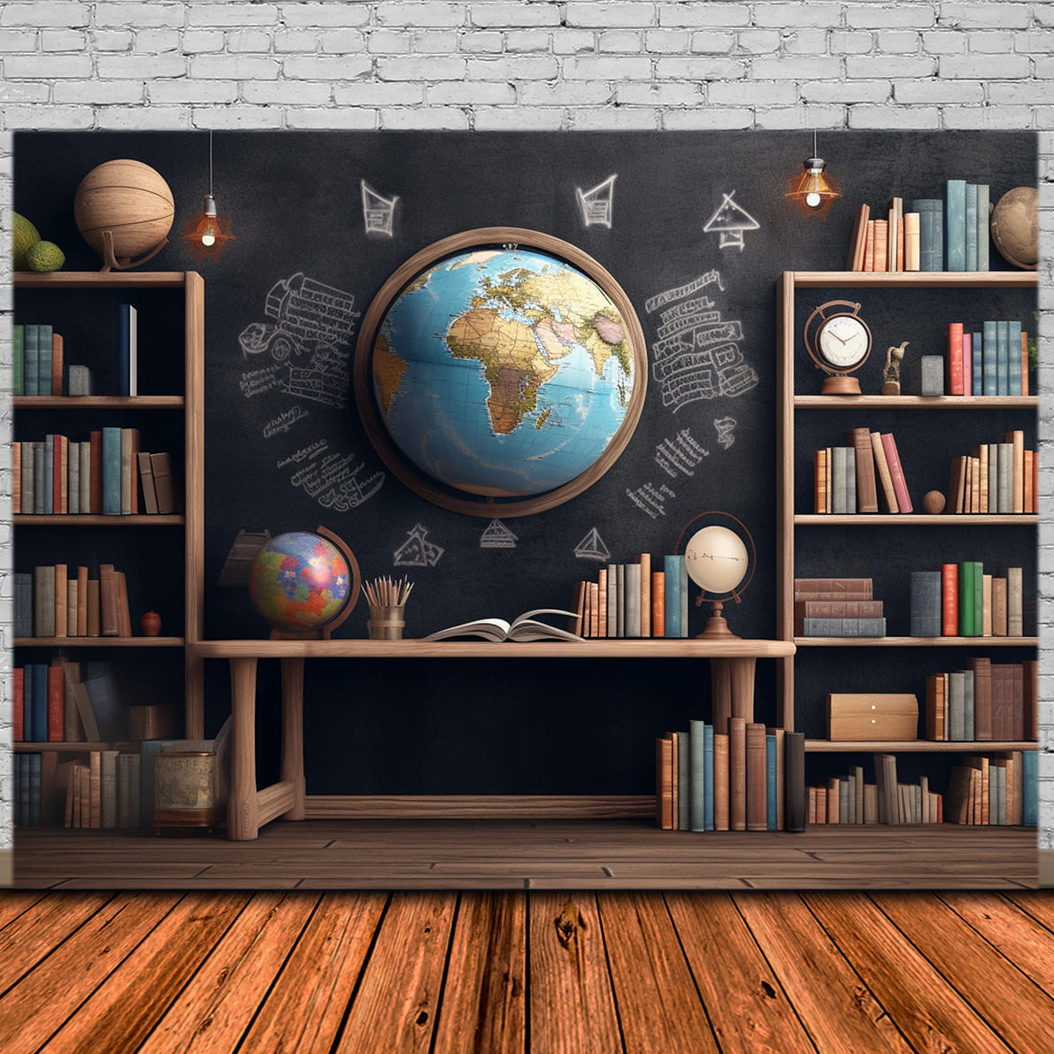 Bookshelf Globes Back to School Backdrop DBD7-84 – Dbackdrop
