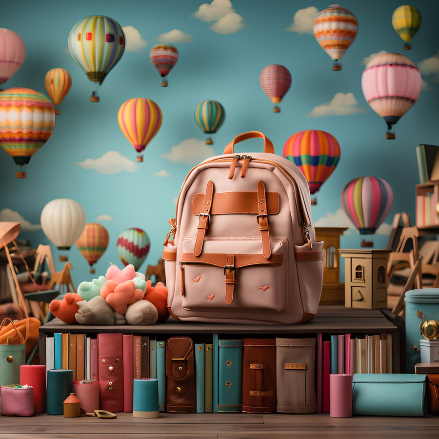 Back To School Photography Backdrop Hot Air Balloon Backpack Backdrop