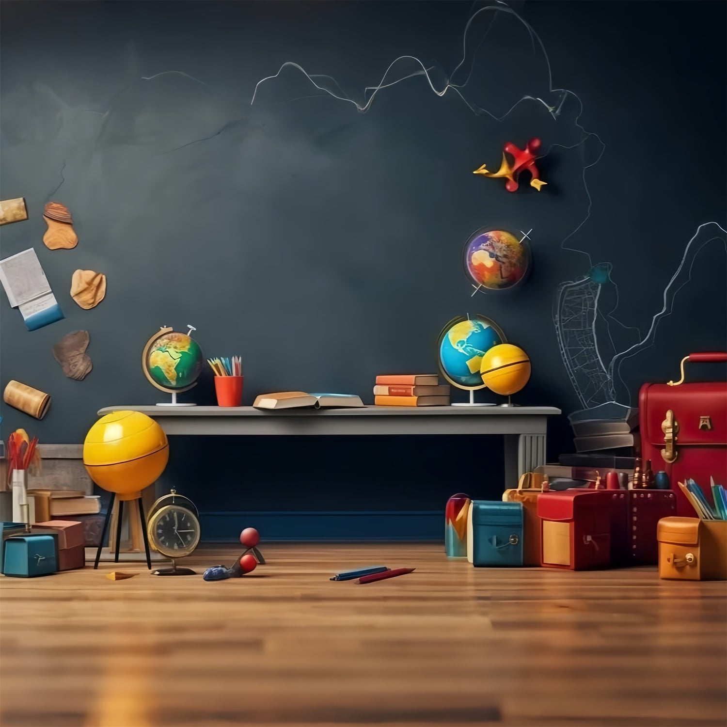 Back To School Digital Backdrop Educational Chalkboard Globe Backdrop