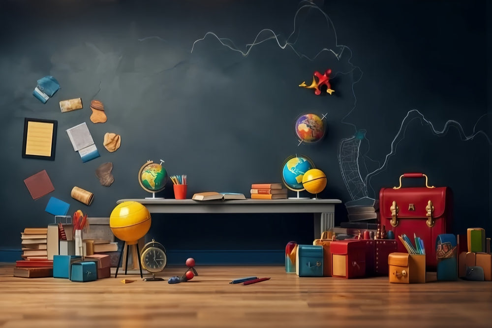 Back To School Digital Backdrop Educational Chalkboard Globe Backdrop