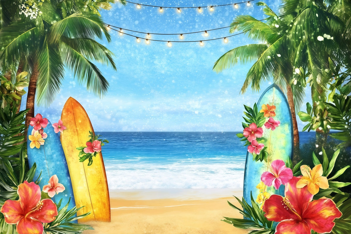 Summer Backdrops Surfboard Beach Floral Lights Backdrop GQ4-294