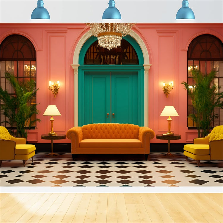 Vintage Backdrop For Photoshoot Colorful Hotel Lobby Backdrop GQ4-329