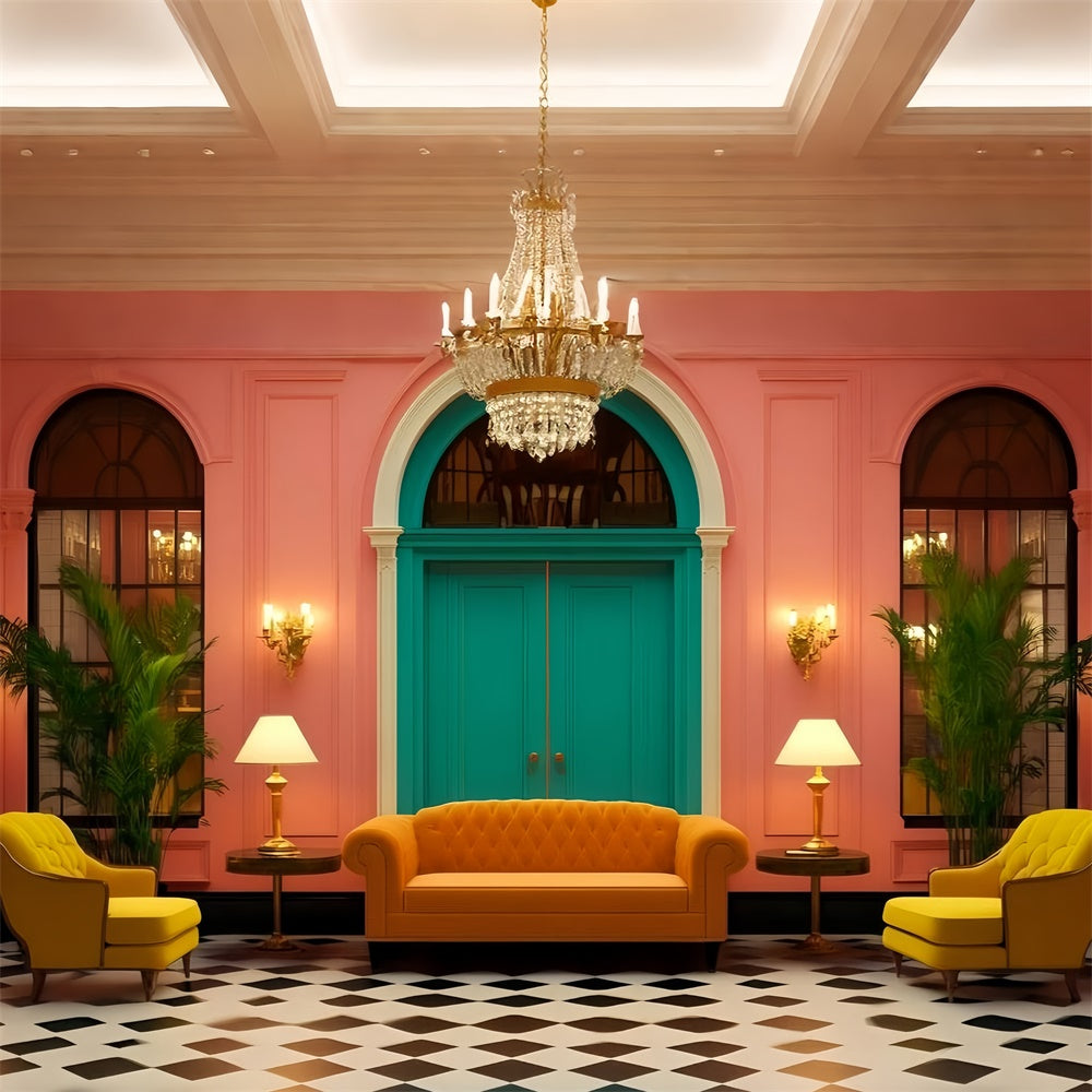 Vintage Backdrop For Photoshoot Colorful Hotel Lobby Backdrop GQ4-329