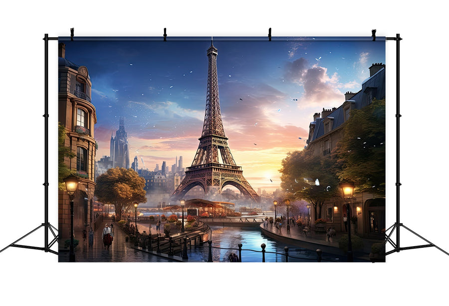 Paris Backdrop Photography Eiffel Tower Canal Scene Backdrop GQ4-44
