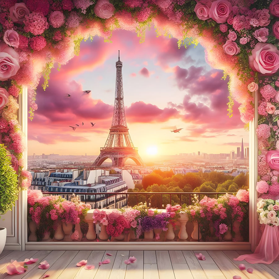 Paris Eiffel Tower Backdrop Pink Sky Flower Frame Backdrop GQ4-61