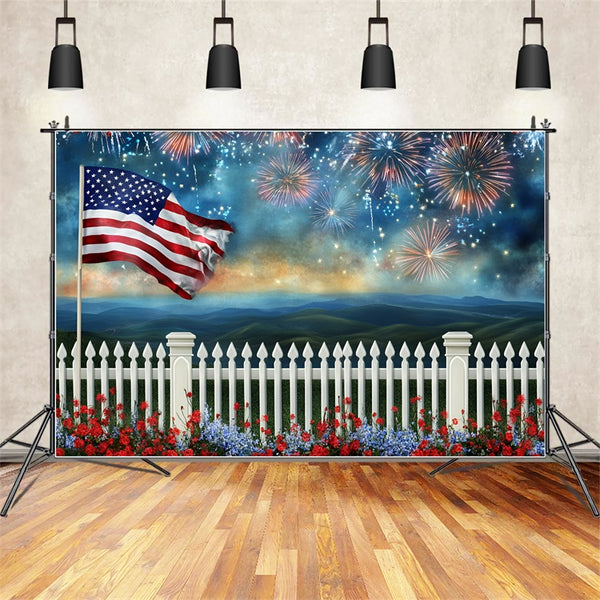 American Flag Backdrop Photography Patriotic Fence Fireworks Night Bac