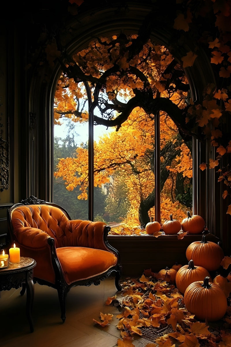 Fall Photo Backdrop Cozy Room Pumpkins Window Backdrop GQ5-87