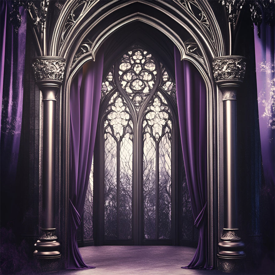 Gothic Backdrop Purple Draped Cathedral Arched Window Vintage Backdrop