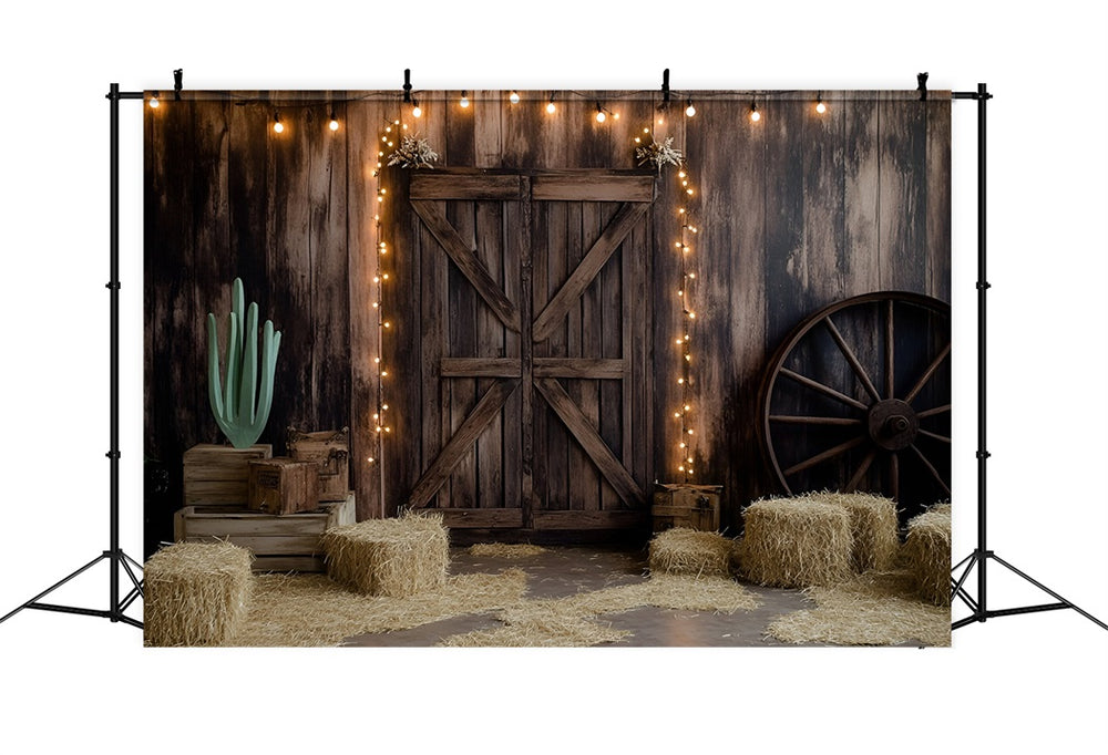Western Backdrop Wooden Barn Door Hay and Lights Vintage Photo Backgro
