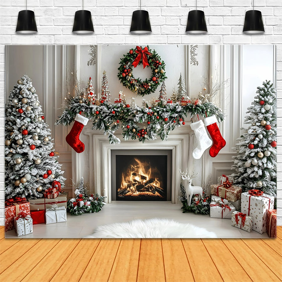 Christmas Fireplace Backdrop Modern Style White Wall Fireplace Christm