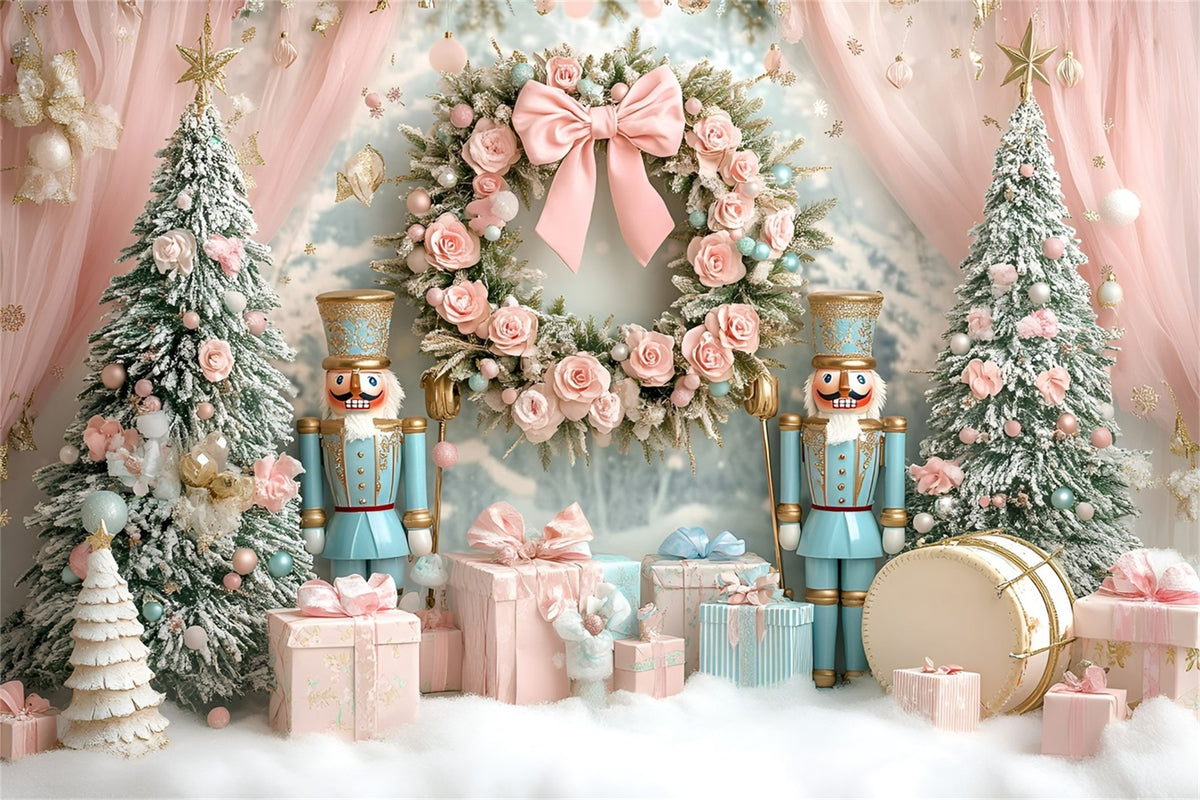 Nutcracker Backdrop Sweet Pink Rose Bow Wreath Pink Christmas Backdrop