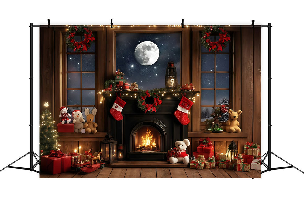 Holiday Photo Backdrop Full Moon Fireplace Cozy Christmas Christmas Ba