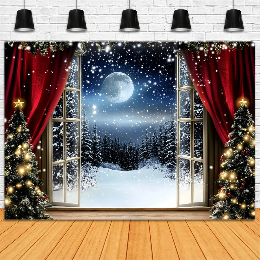 Night Sky Backdrop Red Curtain Snowfall Night Christmas Backdrop Ideas