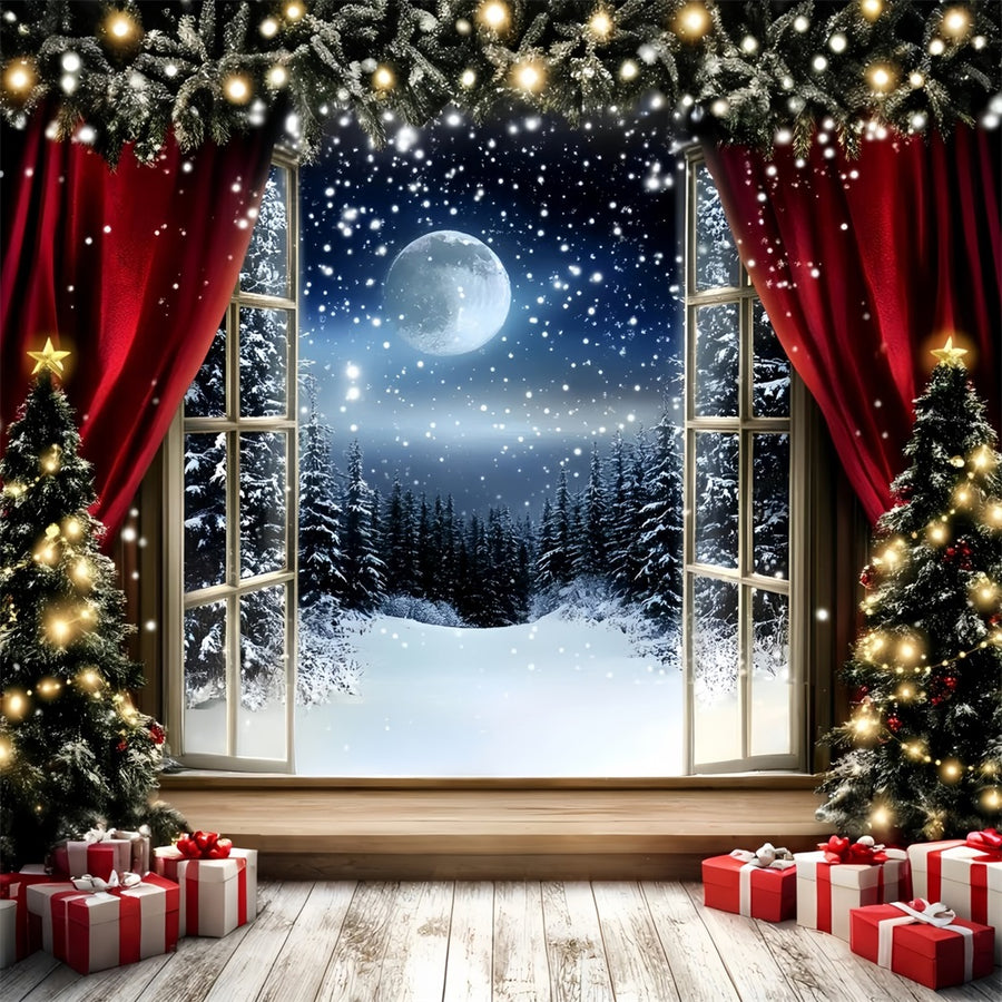 Night Sky Backdrop Red Curtain Snowfall Night Christmas Backdrop Ideas
