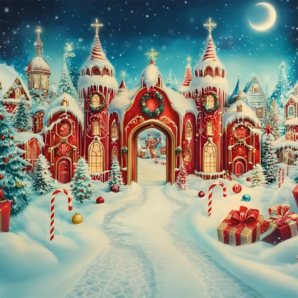 North Pole Backdrop Candy Cane Castle with Snowy Towers Christmas Back