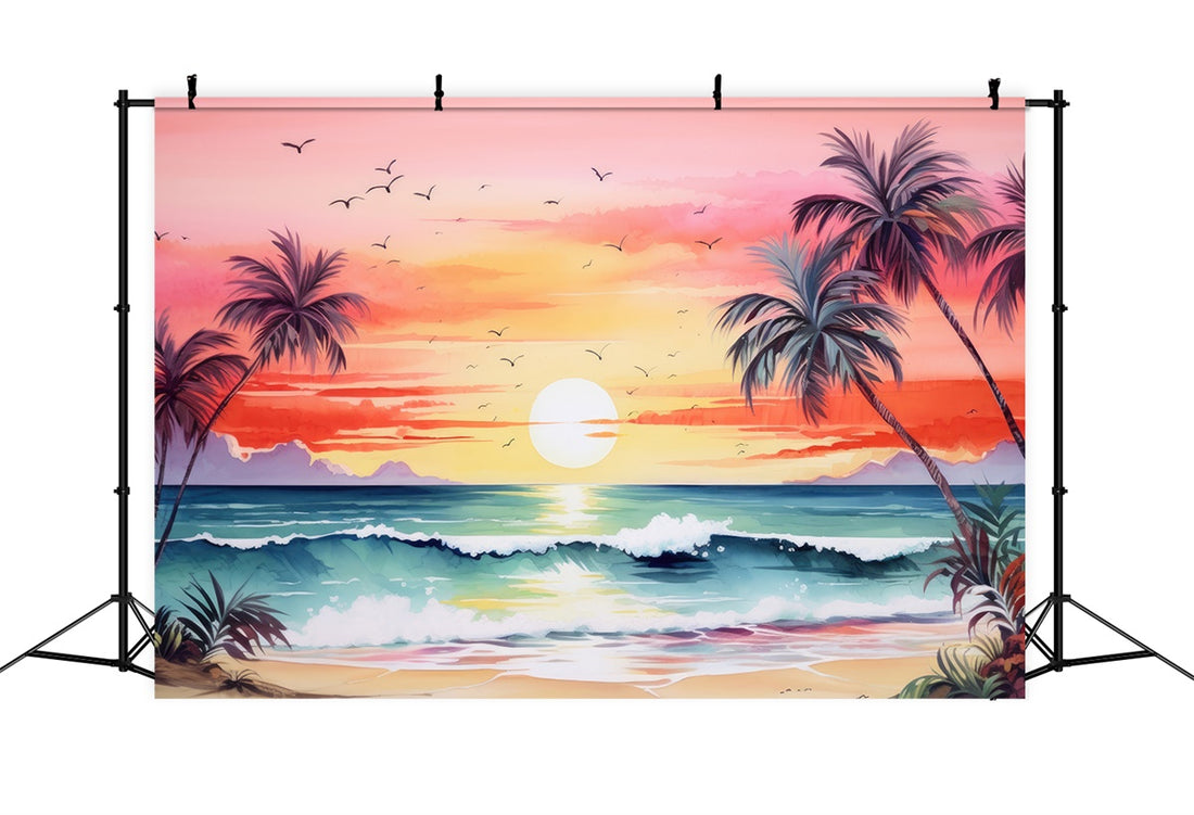 Beach Photo Backdrop Sunset Tree Ocean Wave Summer Backdrop GTY3-388
