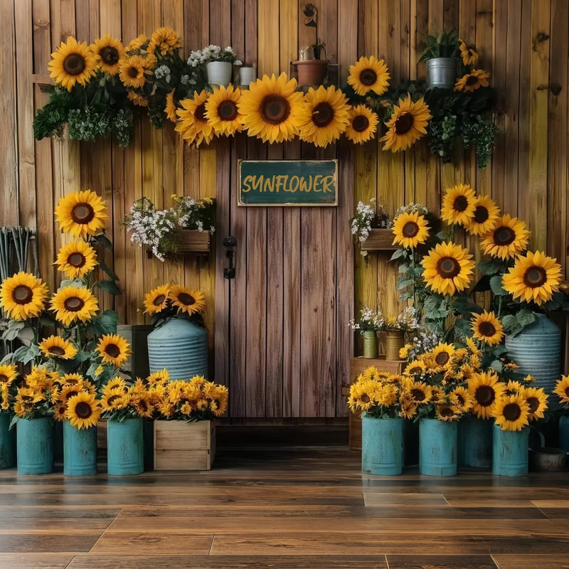 Sunflower Backdrops Wooden Wall Rustic Bloom Summer Backdrop GTY3-410