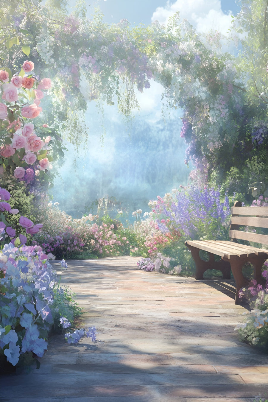 Photography Spring Backdrop Idyllic Floral Archway Bench Backdrop LXX1