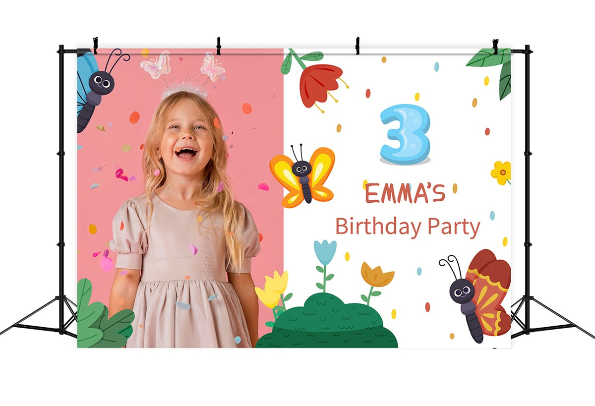 Customized Birthday Backdrop Butterflies Flowers Celebration Backdrop