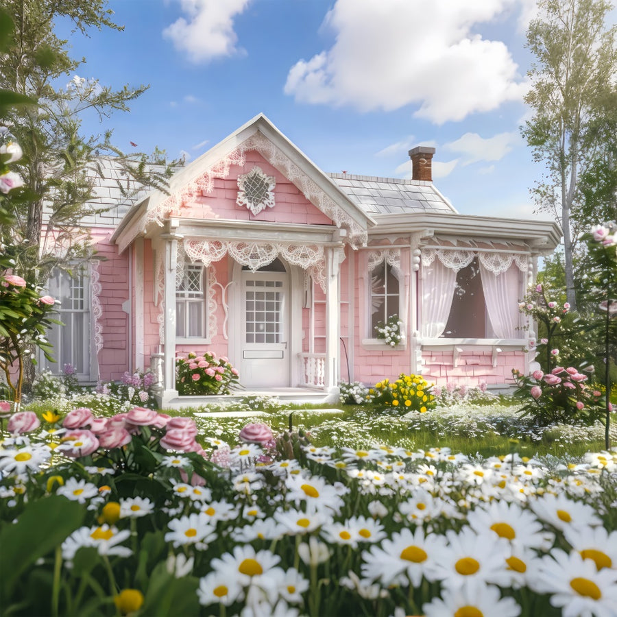 Springtime Backdrop Pink Cottage Blooming Garden Photography Backdrop