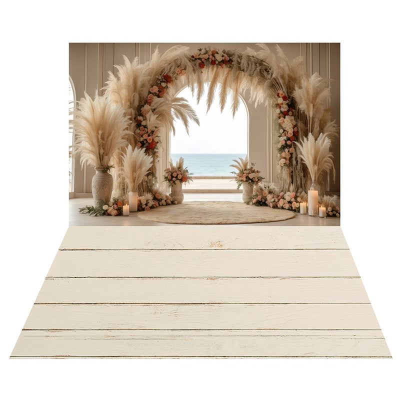 Pampas Arch Ocean Wedding Backdrop+Distressed White Floor Backdrop LXX