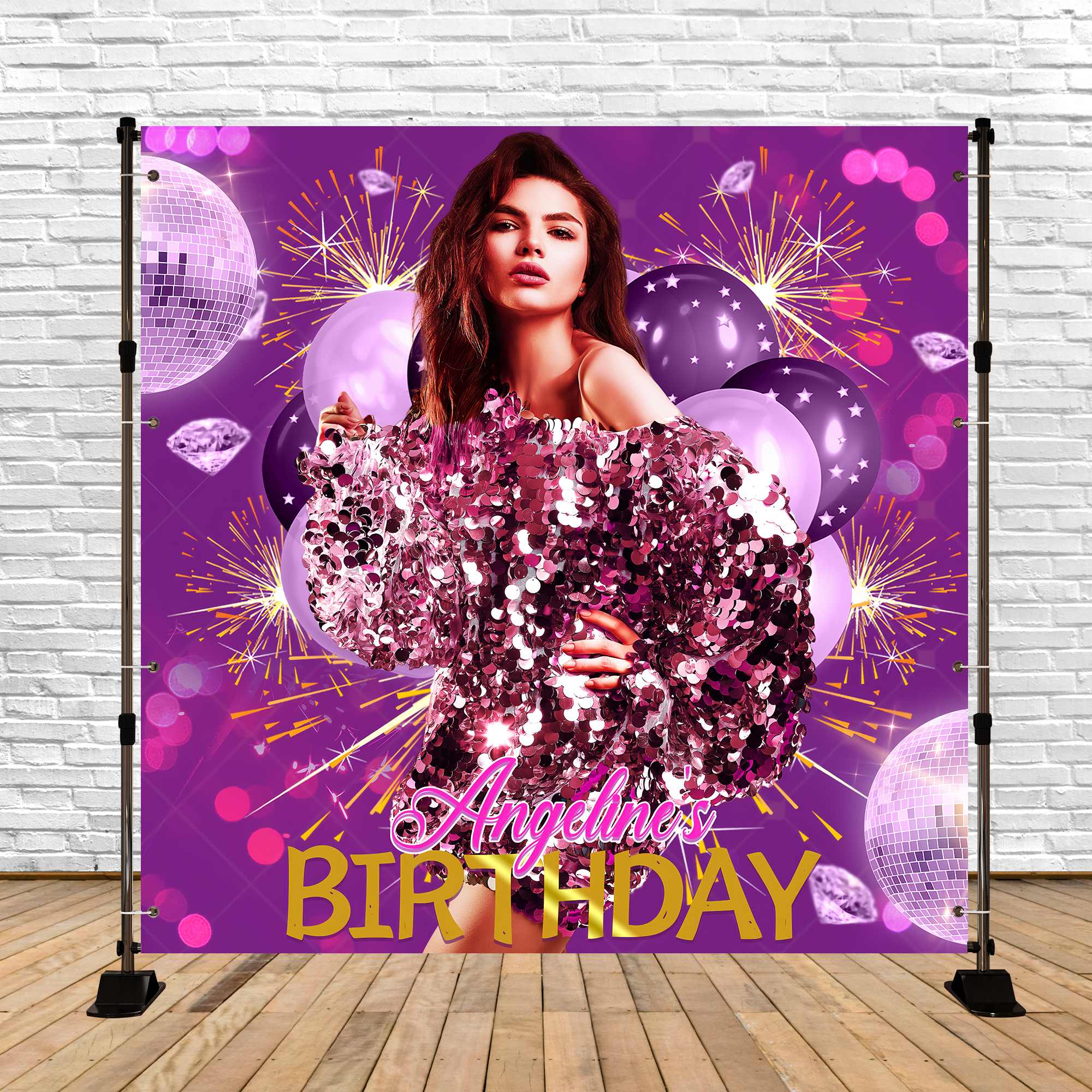 Personalized Birthday Backdrops Disco Ballloon Purple Backdrop LXX5-13