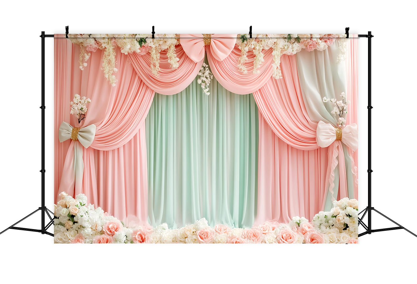 Pink Bow Backdrop Blush Mint Floral Drapery Victorian Backdrop LXX510-