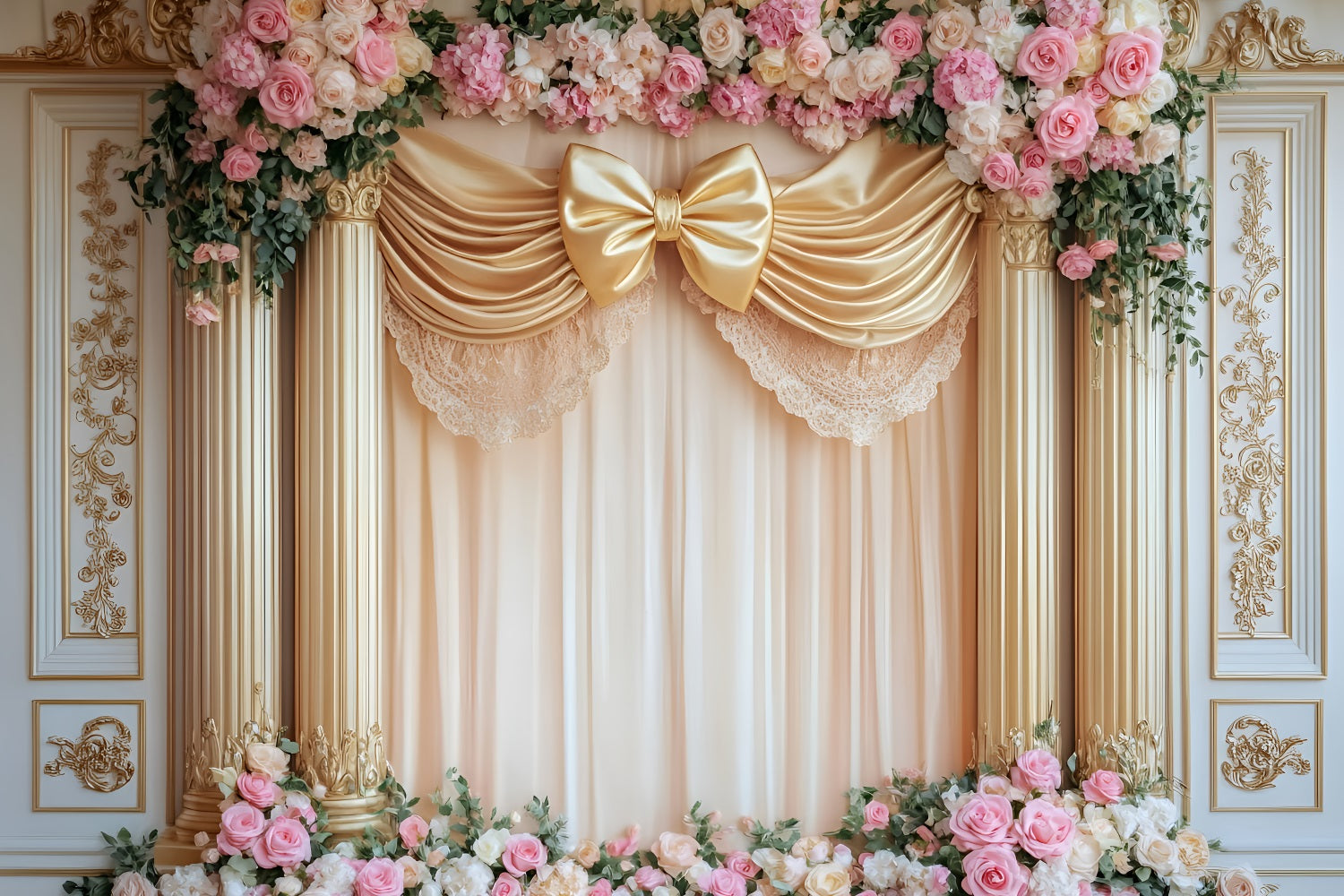 Large Bow Backdrop Golden Bow Rose Columns Victorian Photo Backdrop LX
