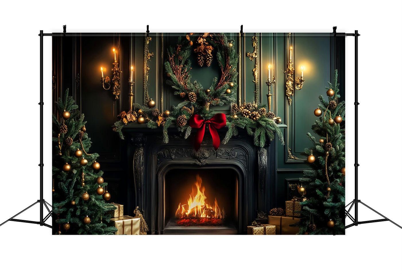 Victorian Christmas Backdrop Emerald Fireplace Holiday Warmth Victoria