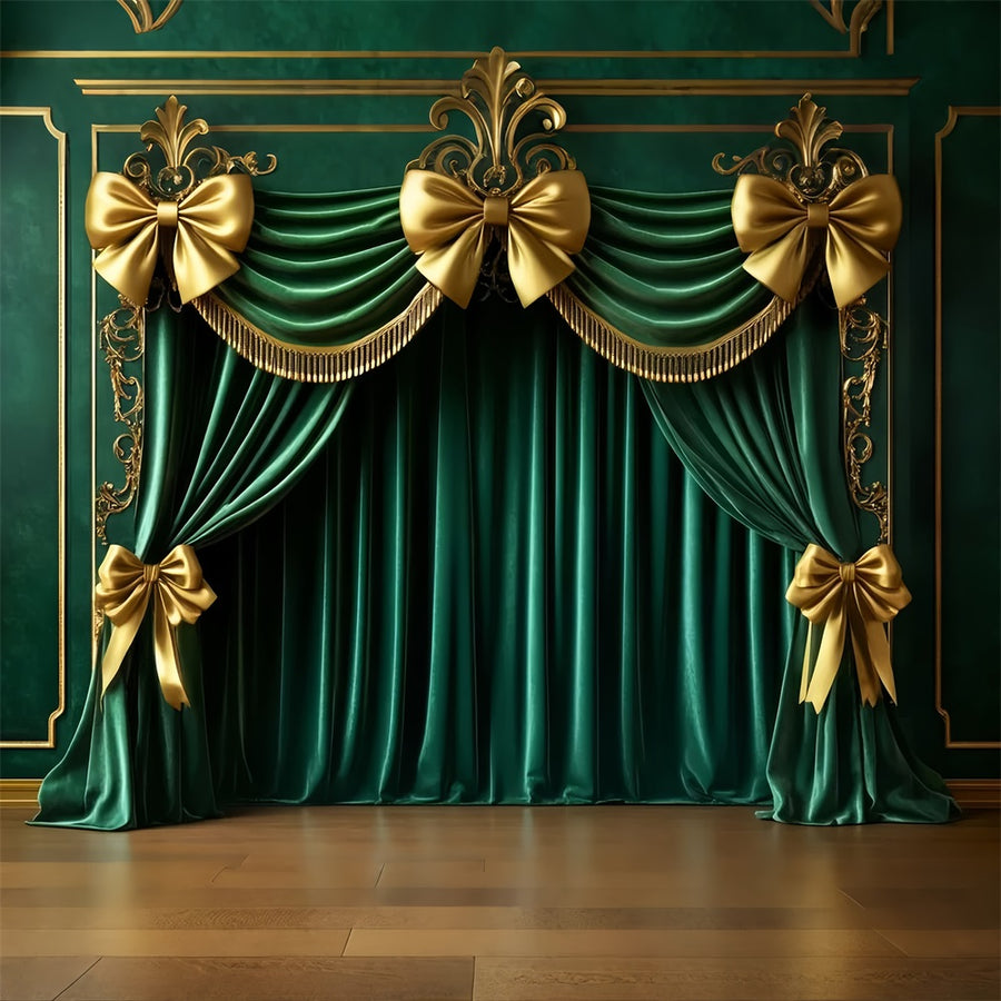 Bow Backdrop Emerald Curtain Golden Glamour Christmas Photo Backdrop L