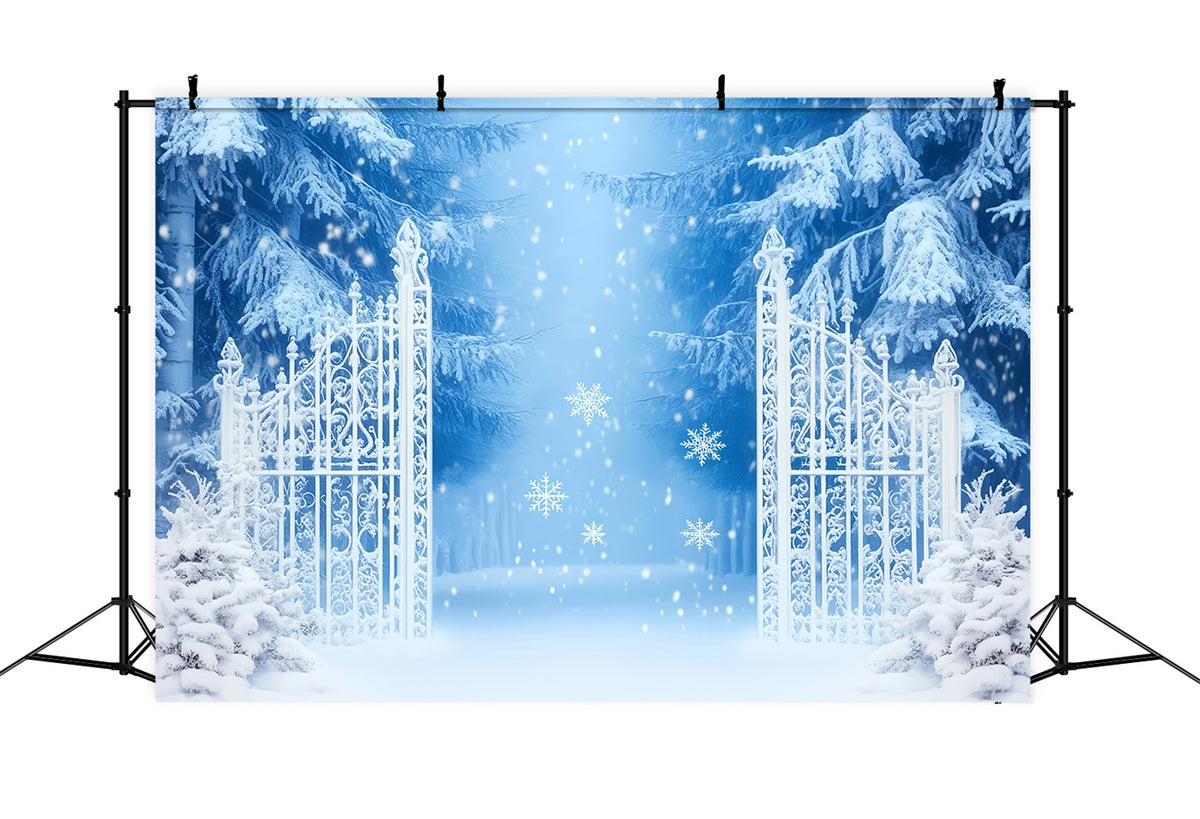 Snowflakes Backdrop Enchanted Snowy Forest Gate Winter Photo Backdrops