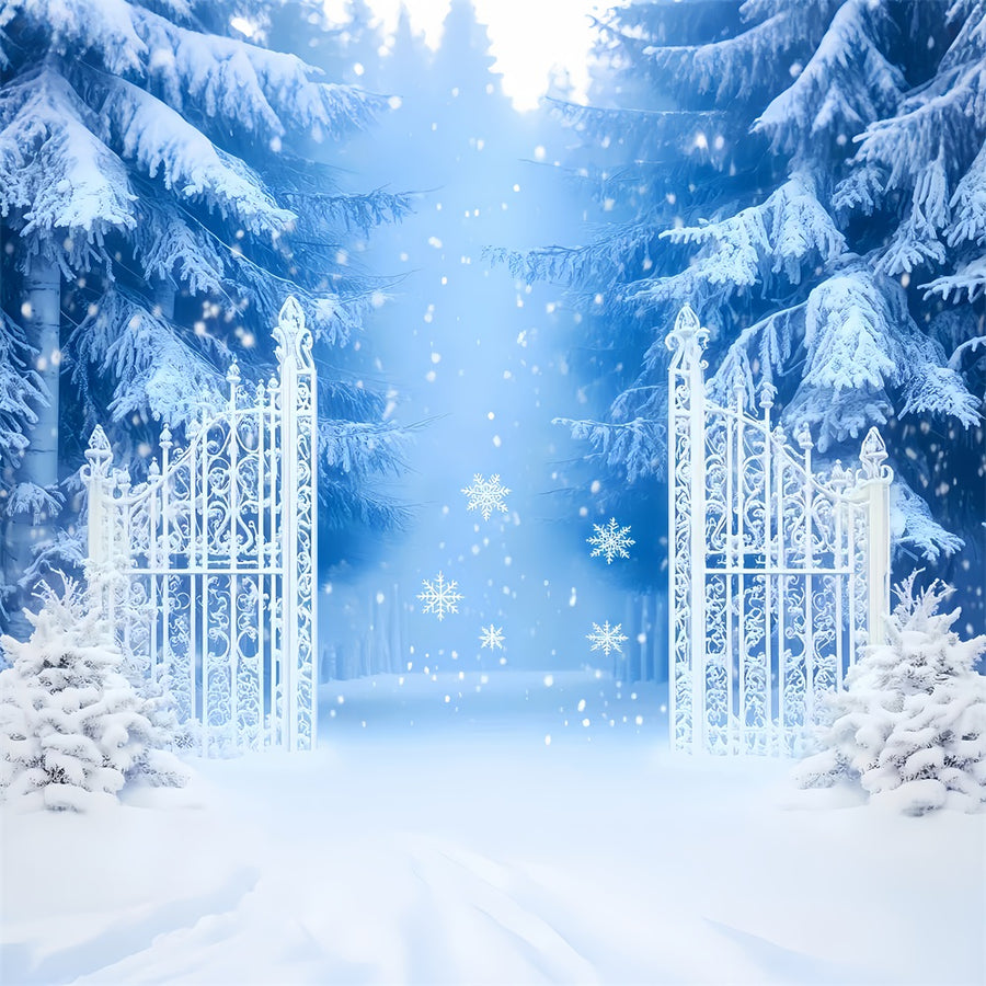 Snowflakes Backdrop Enchanted Snowy Forest Gate Winter Photo Backdrops