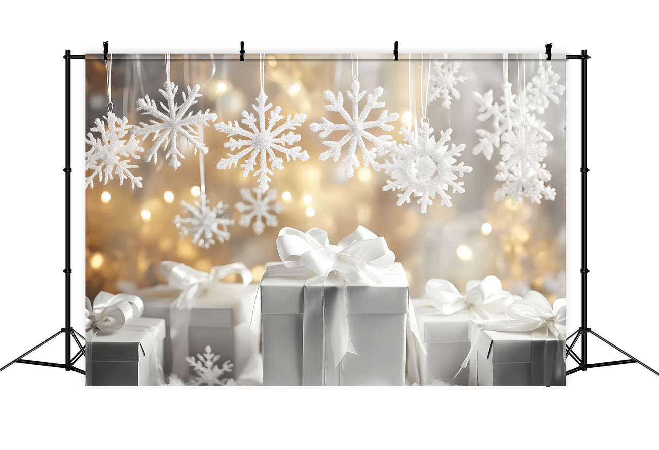 Snowflakes Backdrop White Gift Boxes Sparkle Winter Photography Backdr