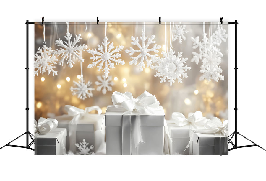 Snowflakes Backdrop White Gift Boxes Sparkle Winter Photography Backdr