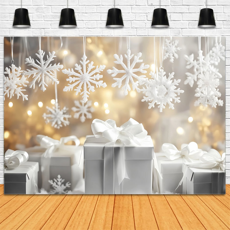 Snowflakes Backdrop White Gift Boxes Sparkle Winter Photography Backdr