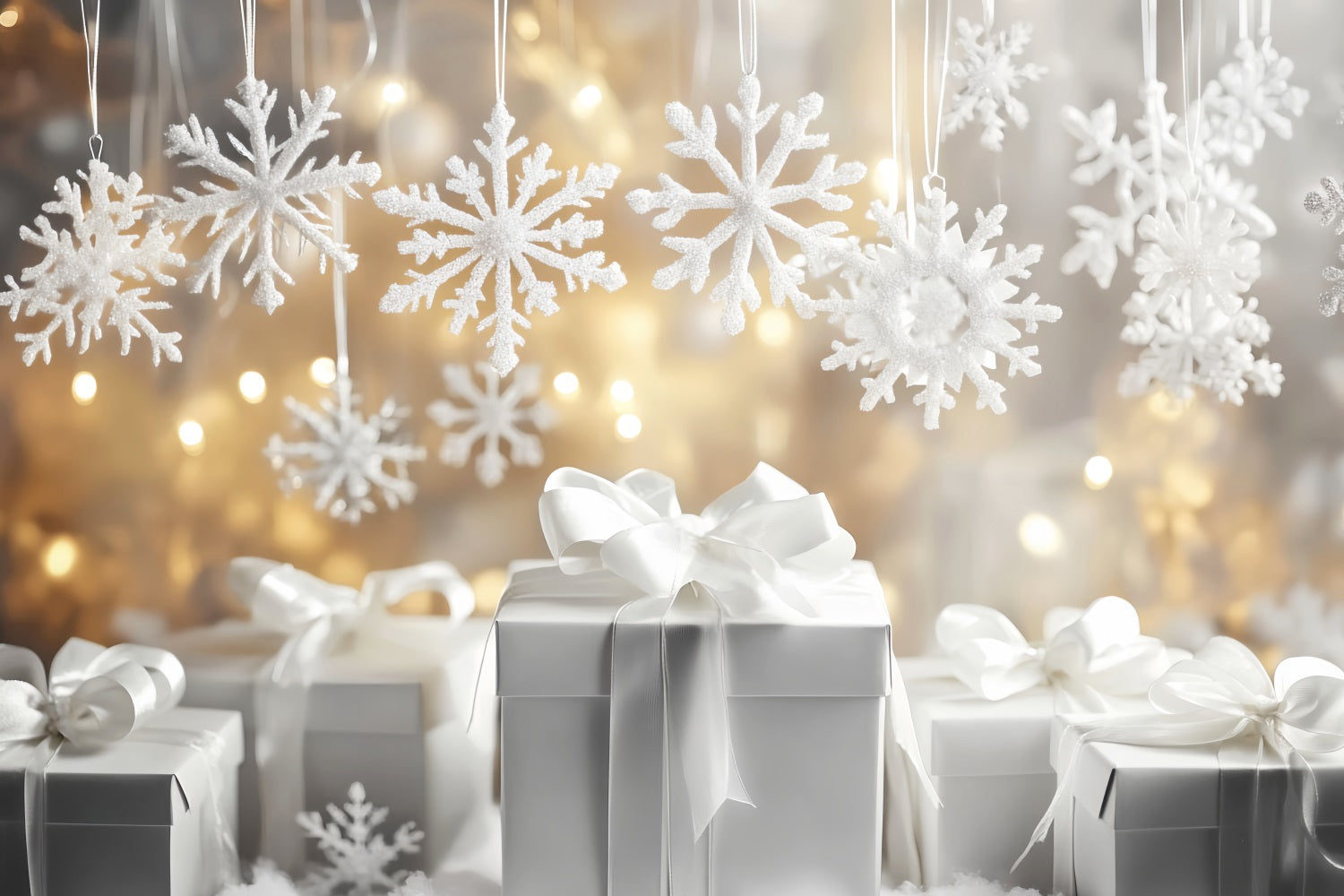 Snowflakes Backdrop White Gift Boxes Sparkle Winter Photography Backdr