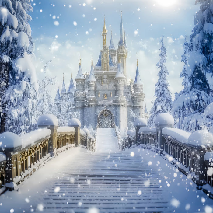 Wonderland Backdrop Snowy Castle Bridge Fantasy Winter Photography Bac