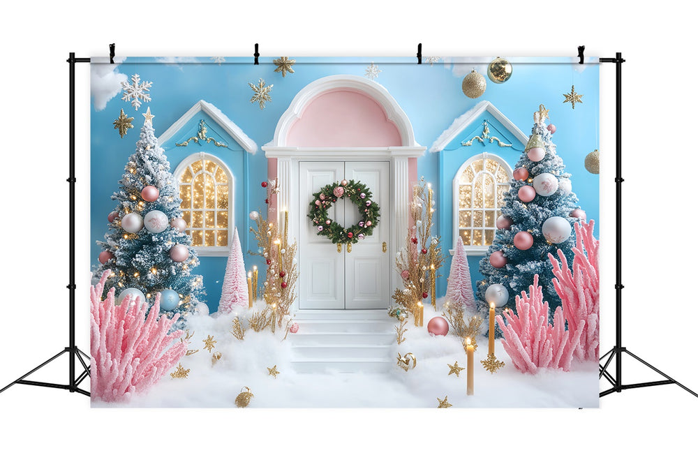 Winter Backdrop Pink Blue Christmas Snow Door Winter Photography Backd