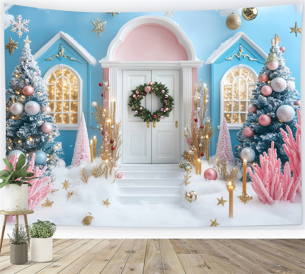 Winter Backdrop Pink Blue Christmas Snow Door Winter Photography Backd