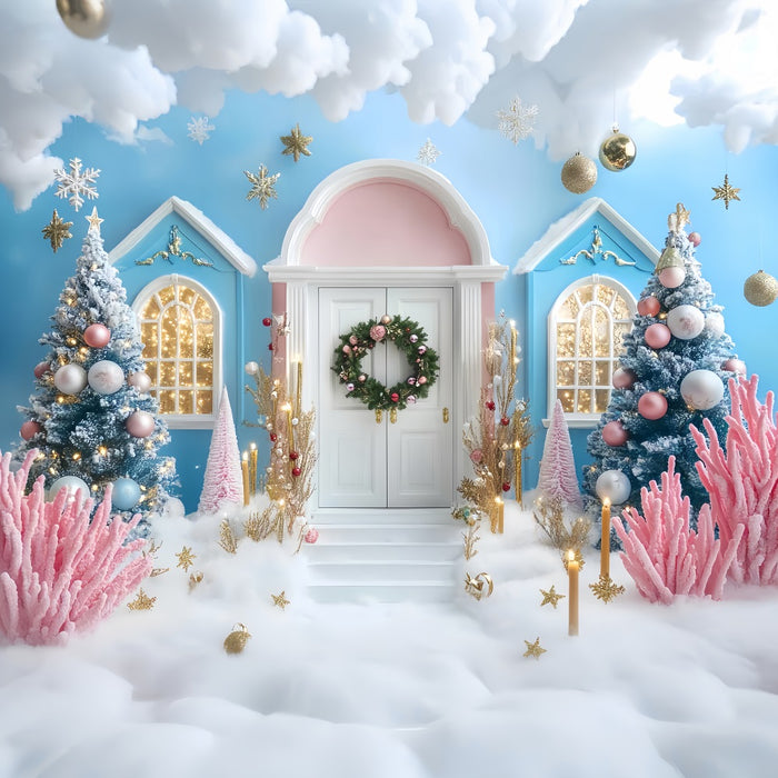 Winter Backdrop Pink Blue Christmas Snow Door Winter Photography Backd
