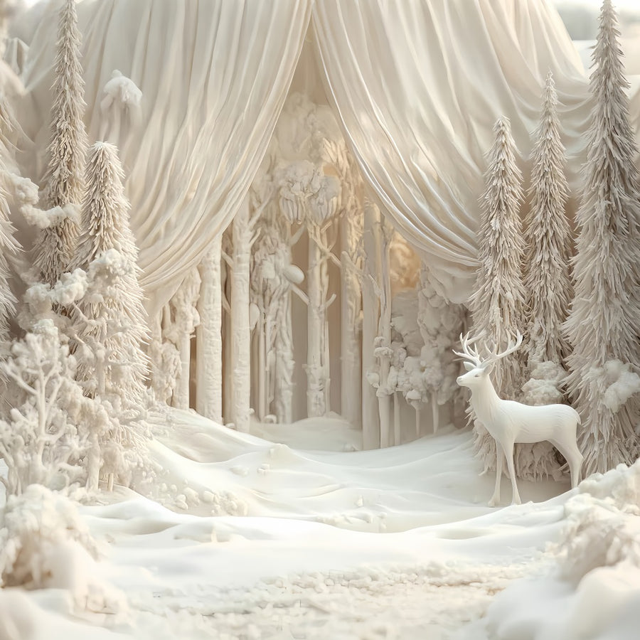 Wonderland Backdrop Ivory Reindeer Winter Forest Winter Backdrops LXX5