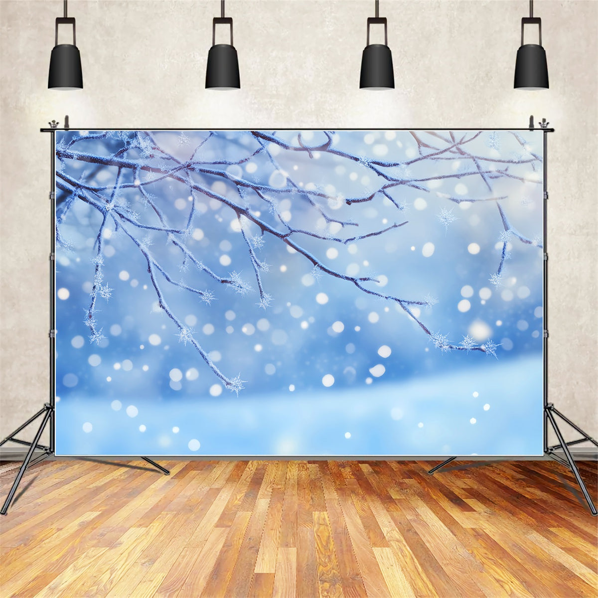 Winter Snow Backdrop Frosted Branch Snowflakes Glow Winter Photo Backd