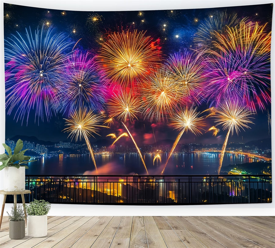New Years Backdrop Vibrant Fireworks Harbor Panorama City Night Backdr
