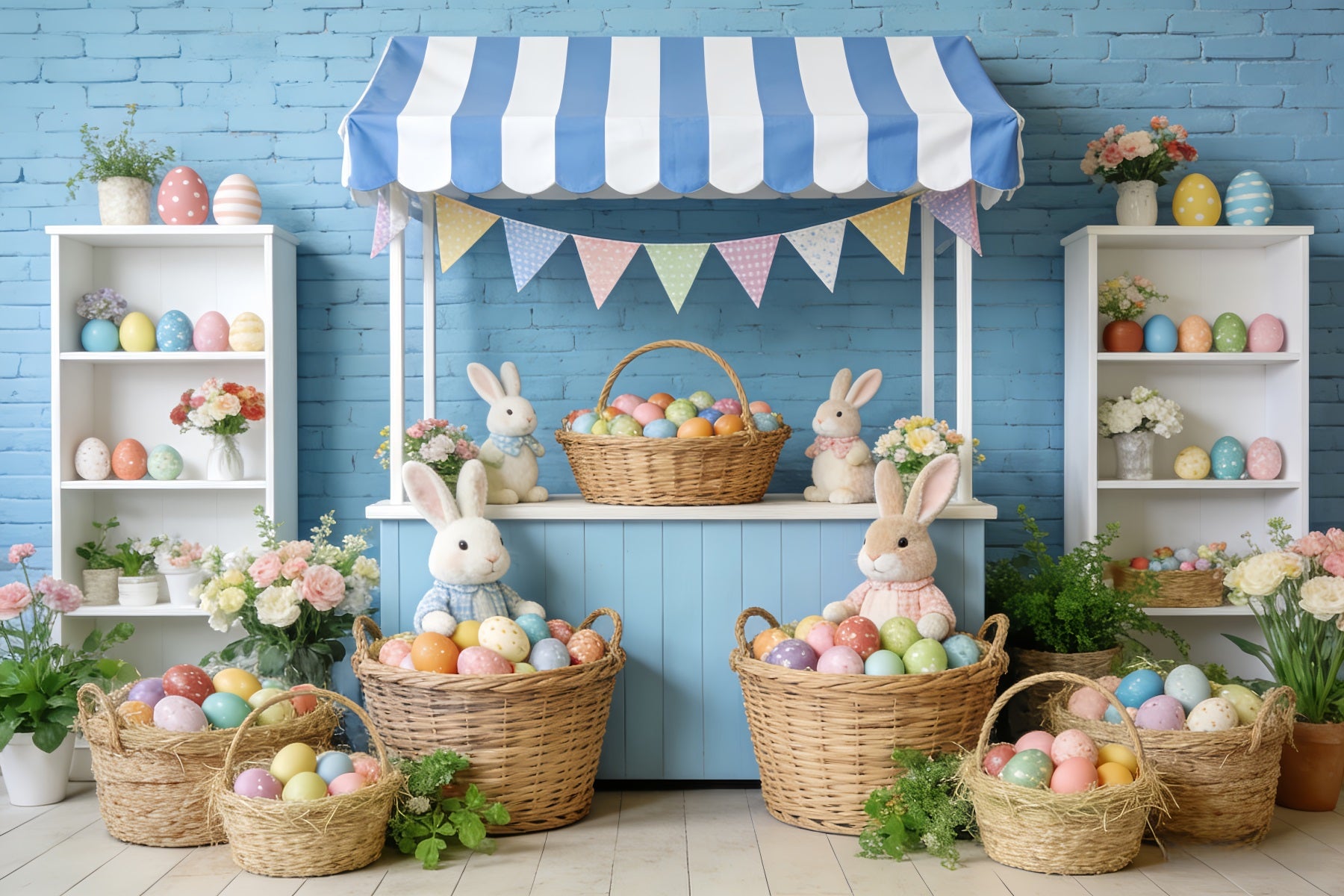 Bunny Backdrop Blue Stripe Market Stall Easter Photo Backdrop LXX512-1