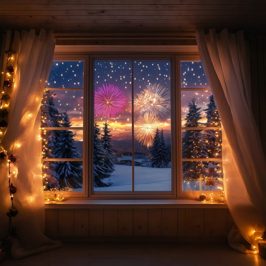 New Years Photo Backdrop Winter Snowy Window Forest Firework Backdrop