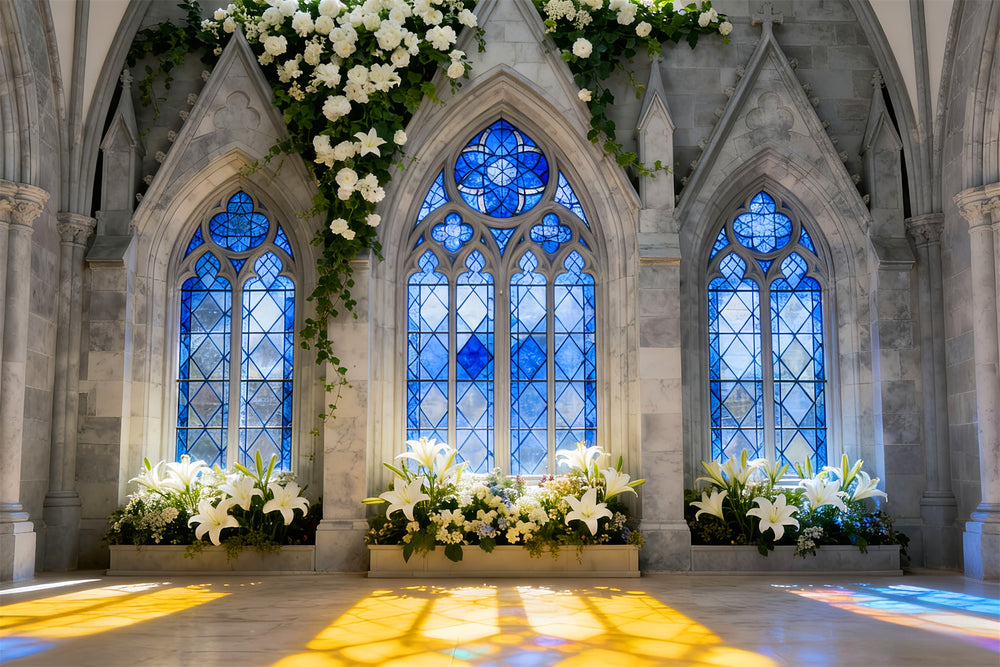 Church Easter Backdrop Gothic Blue Window Lily Light Stained Glass Bac