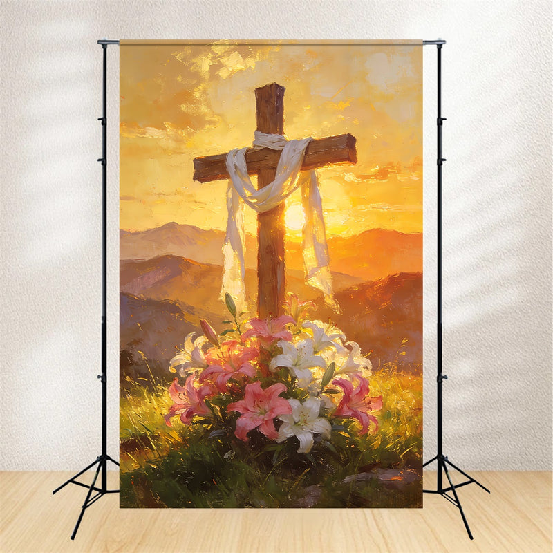 Religious Easter Backdrops Golden Floral Cross Sunrise Church Easter B