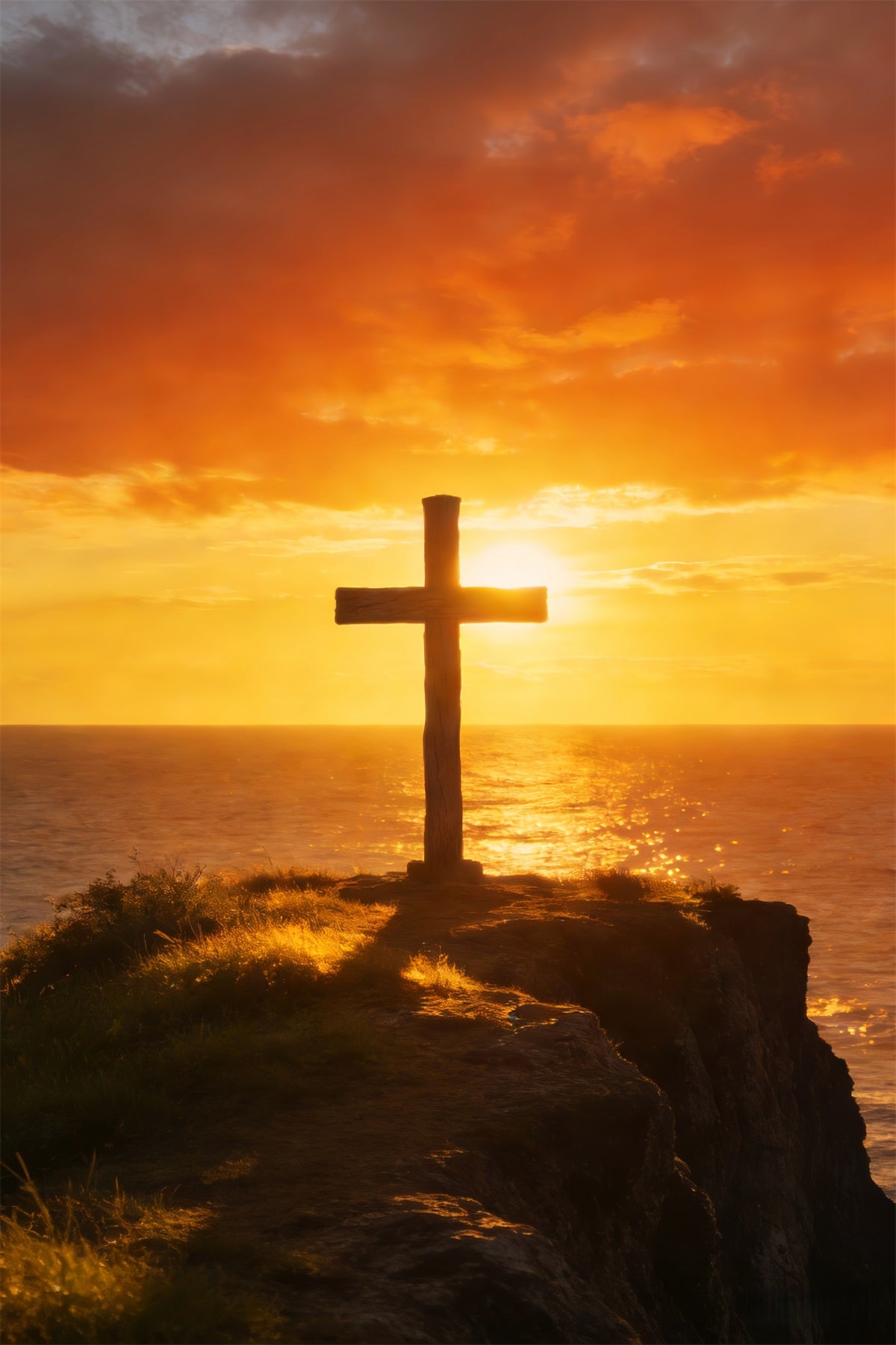 Cross Backdrop Ocean Horizon Sunset Glow Easter Backdrops For Church L