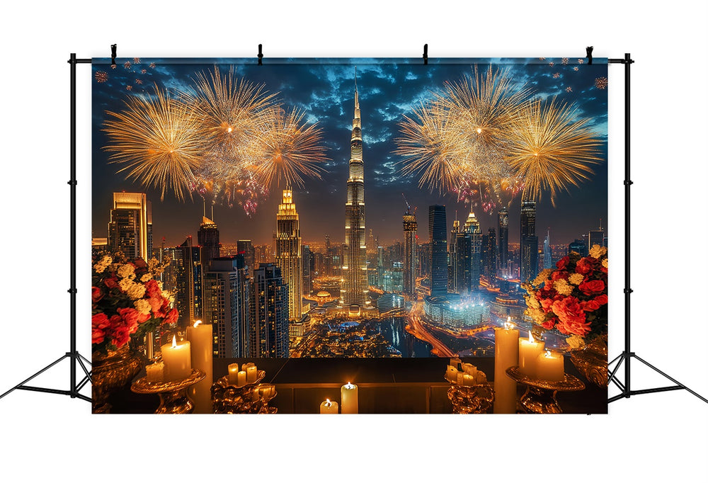 Happy New Year Backdrop Luxury City Skyline Fireworks City Night Backd